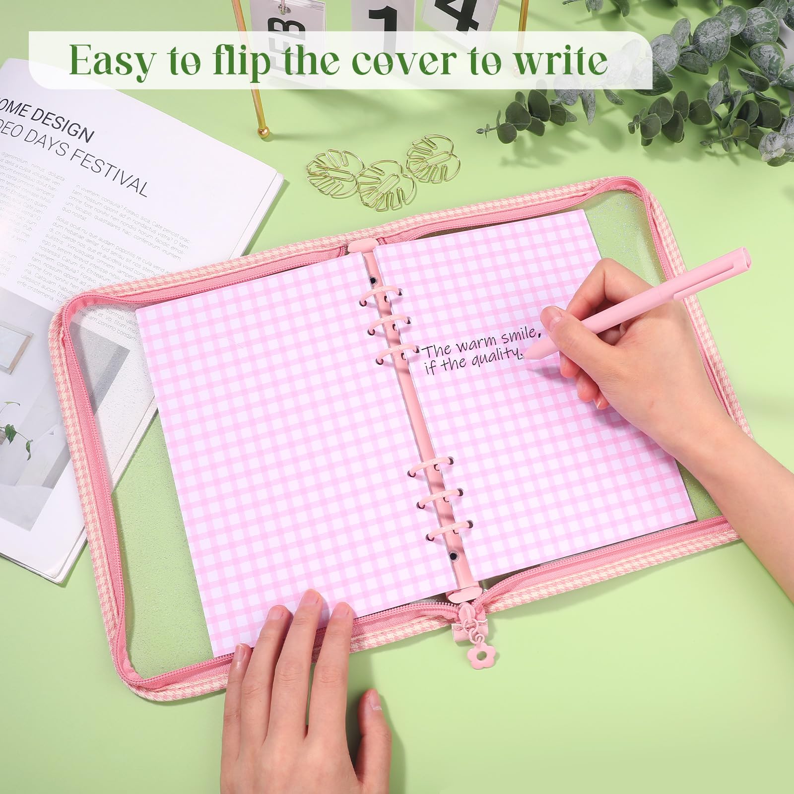 NEWEST A5 Notebook Binder Cover with Zipper, Plaid Pattern 6 Ring Refillable Planner Binder Shell, Clear Glitter PVC Loose Leaf Binder Wallet for Journal Album Diary Budget Folder DIY Cover, Purple