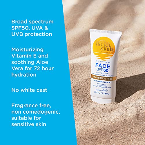 Bondi Sands Fragrance Free Daily Sunscreen Face Lotion SPF 50 | Hydrating UVA + UVB Protection, Non-Greasy, Gentle, Water Resistant | 2.53 Oz/75 mL