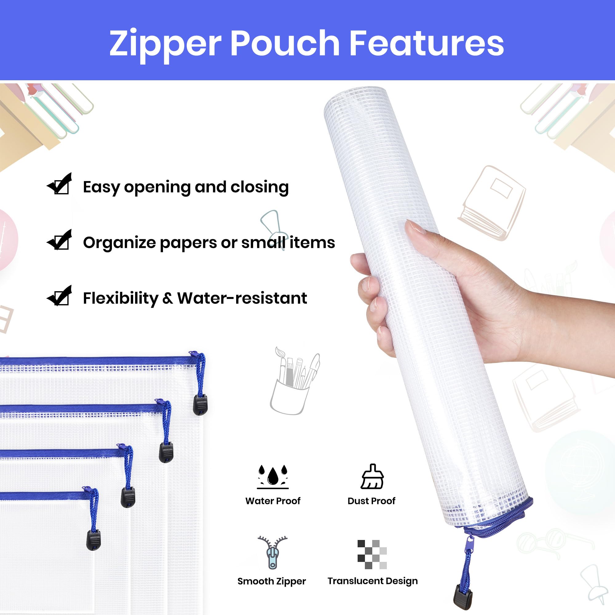 Omnifense 20pcs File Document Pouch 5 Sizes, Versatile Mesh Plastic Zipper Bag for Office Supplies, School Stationery, Travel Organization, and Toy Storage, Waterproof Materials