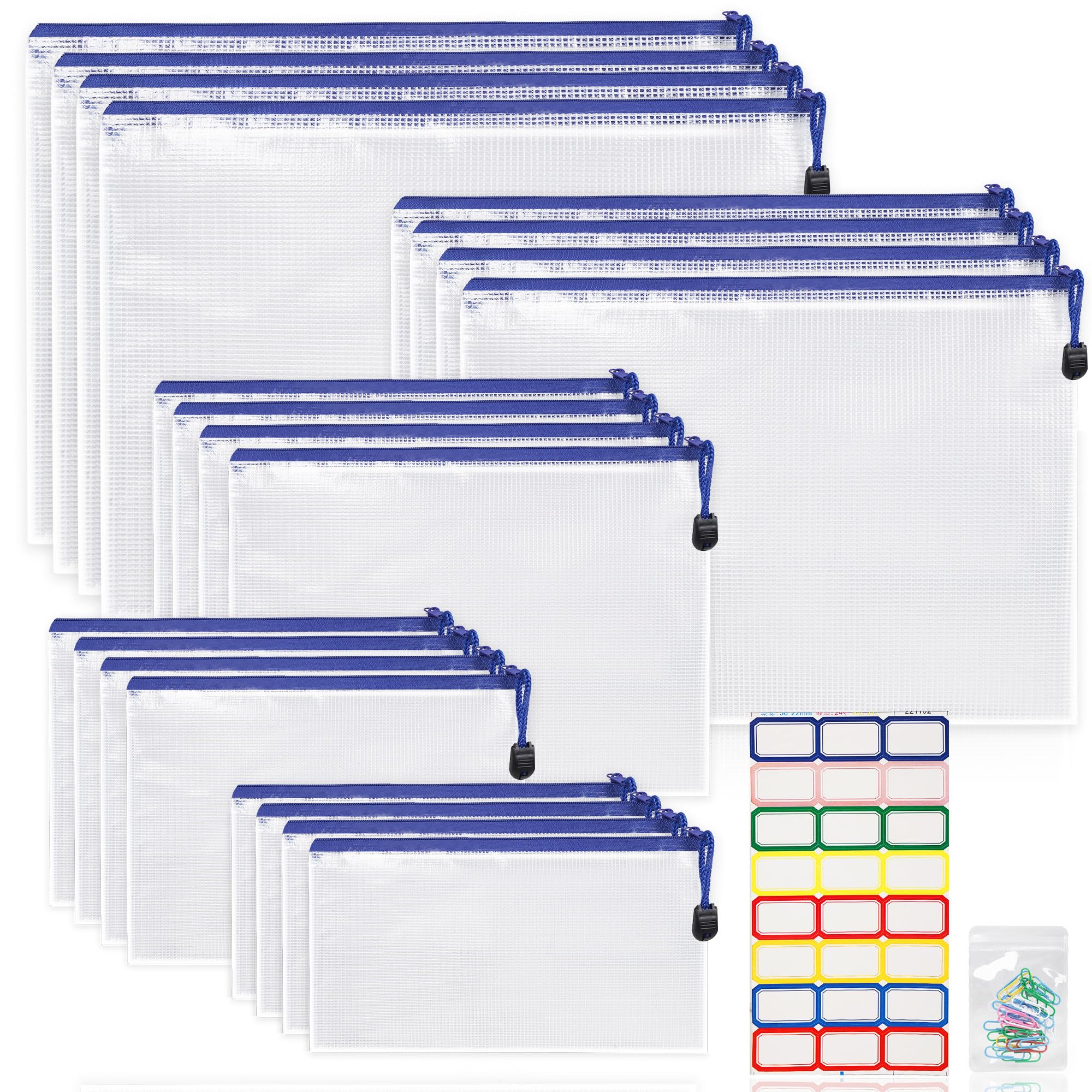 Omnifense 20pcs File Document Pouch 5 Sizes, Versatile Mesh Plastic Zipper Bag for Office Supplies, School Stationery, Travel Organization, and Toy Storage, Waterproof Materials