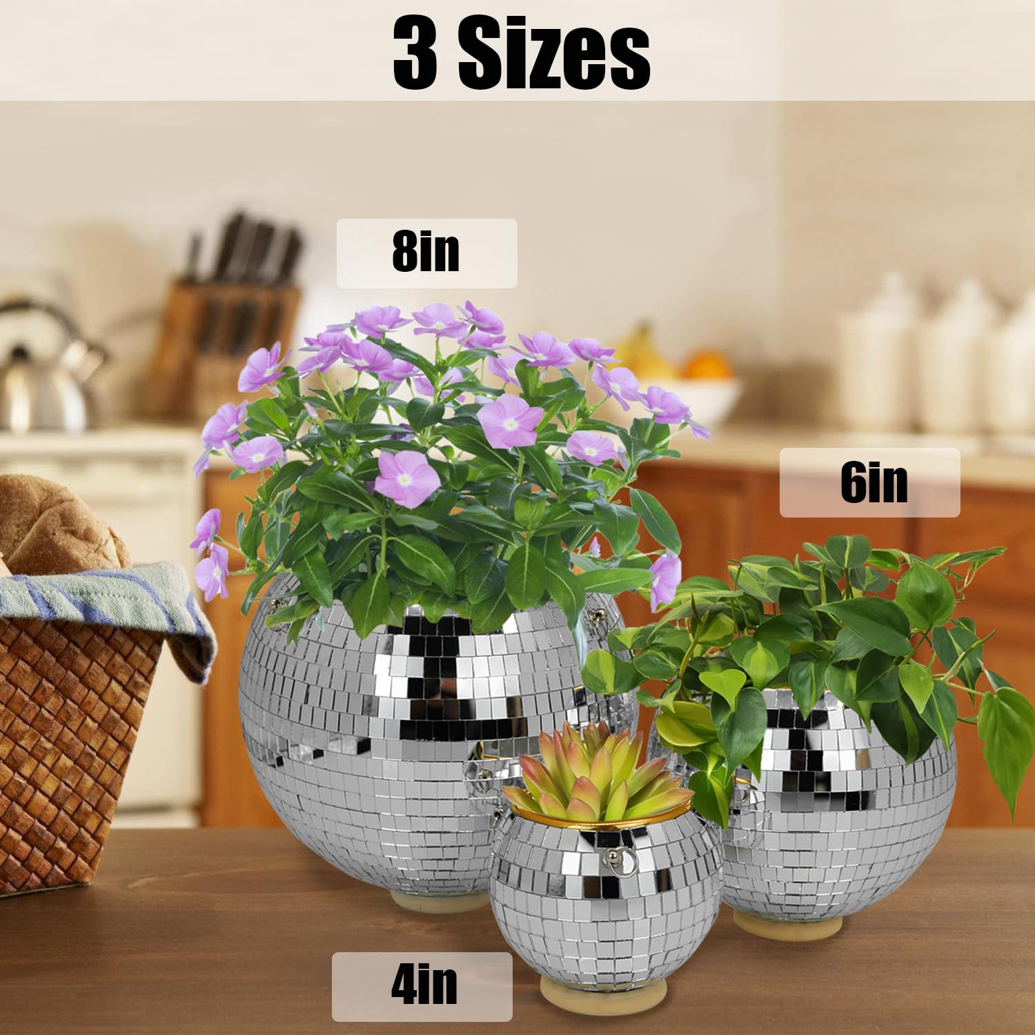 Tialero 2Pcs Disco Ball Planter, 6"/8" Disco Planter with Hanging Chain & Hook & Ring Stand, Disco Ball Plant Hangers for Indoor and Outdoor Plants, Hanging Plant Holder (2Pcs 6", Silver)