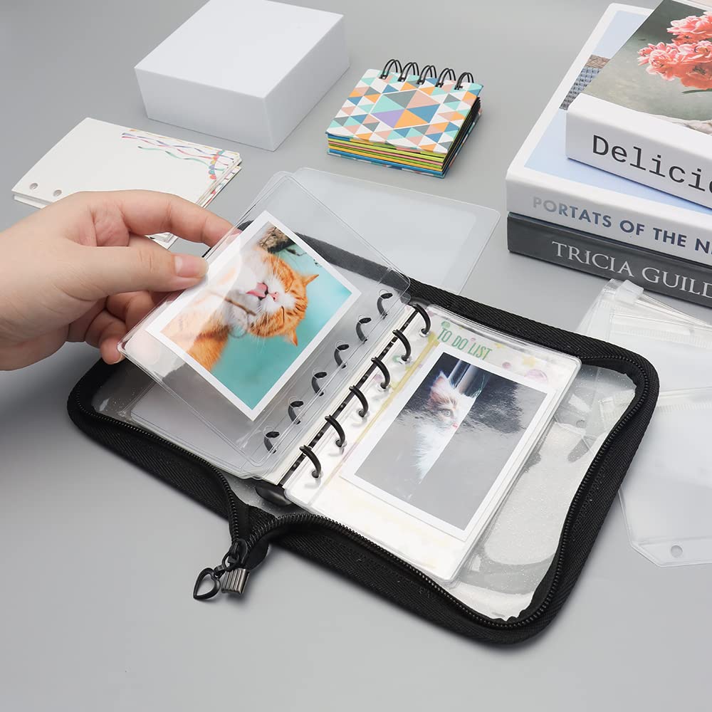 Clear A7 Binder Wallet Zipper Balck 6 Ring Glitter Budget Binders Loose Leaf Zip Up Binding Cover for Cash Envelopes System Photocard Album Journaling Planner (Black 4.5“x6)