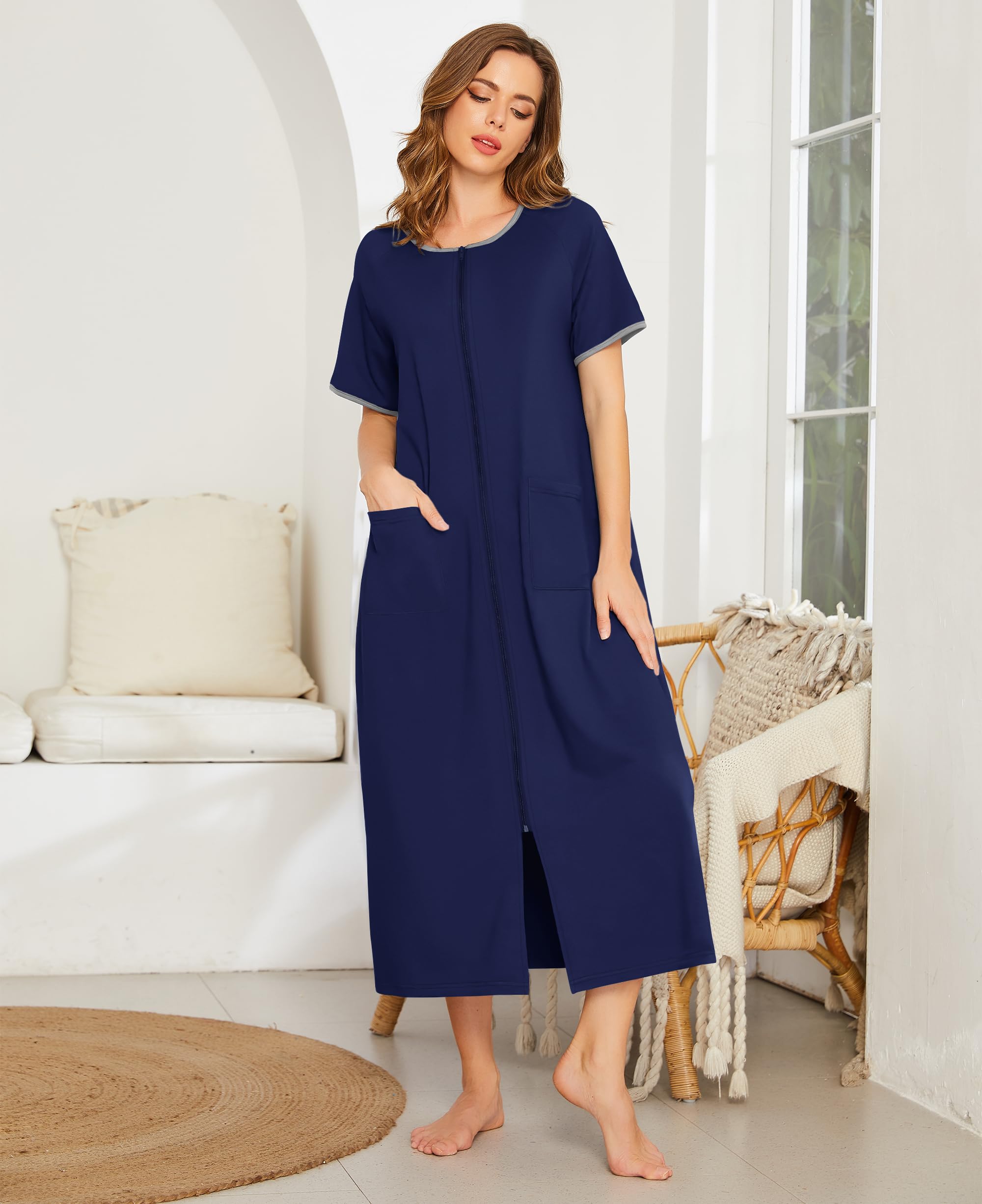 Ekouaer Women Robes Zipper Front Short Sleeve Full Length Housecoat with Pockets Loungewear Navy Blue,2XL