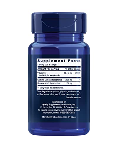 Life Extension Gamma E Mixed Tocopherols — Complete D-Alpha Vitamin E Supplement for Heart Health and Skin Care - Gluten-Free, Non-GMO - 60 Softgels