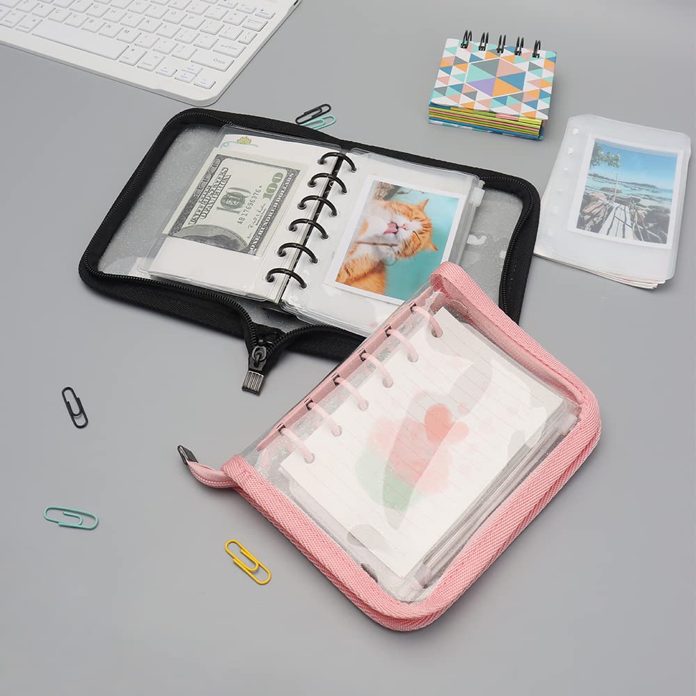 Clear A7 Binder Wallet Zipper Balck 6 Ring Glitter Budget Binders Loose Leaf Zip Up Binding Cover for Cash Envelopes System Photocard Album Journaling Planner (Black 4.5“x6)