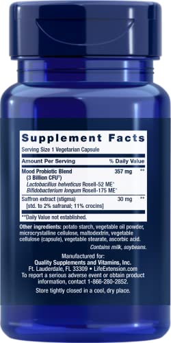 Life Extension FLORASSIST Mood - Probiotic & Saffron Blend β Gluten-Free, Non-GMO, Vegetarian - 30 Capsules