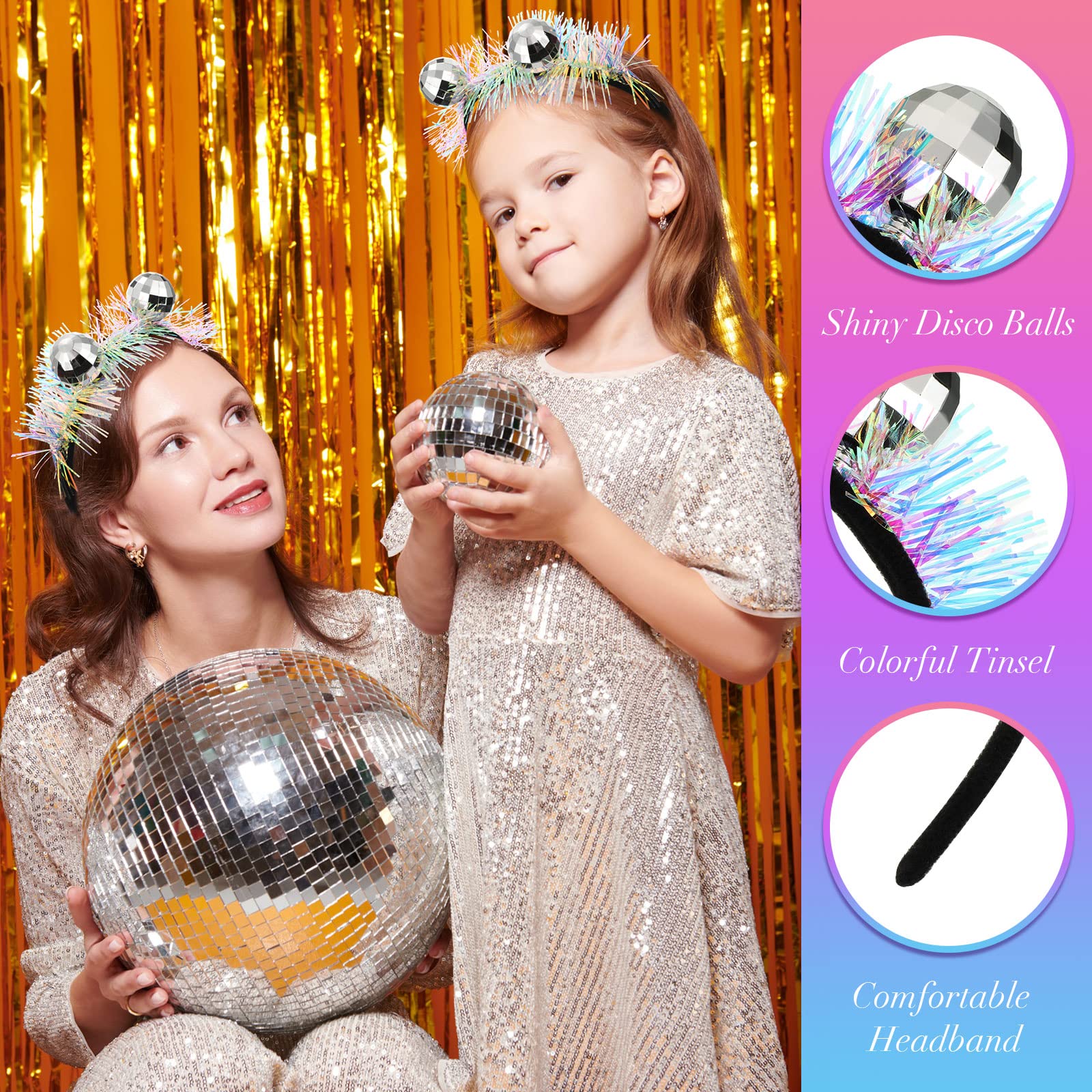 SATINIOR 6 Pcs Disco Ball Headband with Tinsel Disco Party Decorations Disco Ball Hat Disco Ball Decor Ball Boppers Costume Headpiece Disco Accessories for Kids Adults Christmas 1970s Party