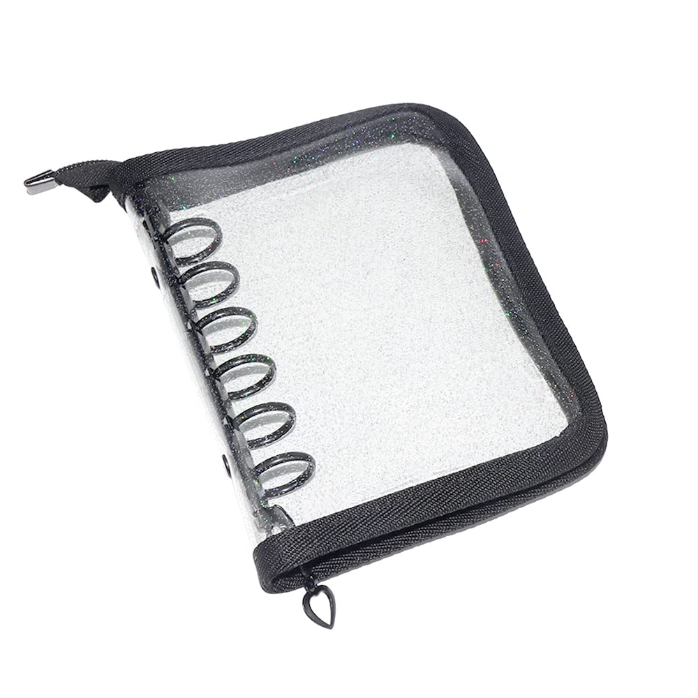 Clear A7 Binder Wallet Zipper Balck 6 Ring Glitter Budget Binders Loose Leaf Zip Up Binding Cover for Cash Envelopes System Photocard Album Journaling Planner (Black 4.5“x6)
