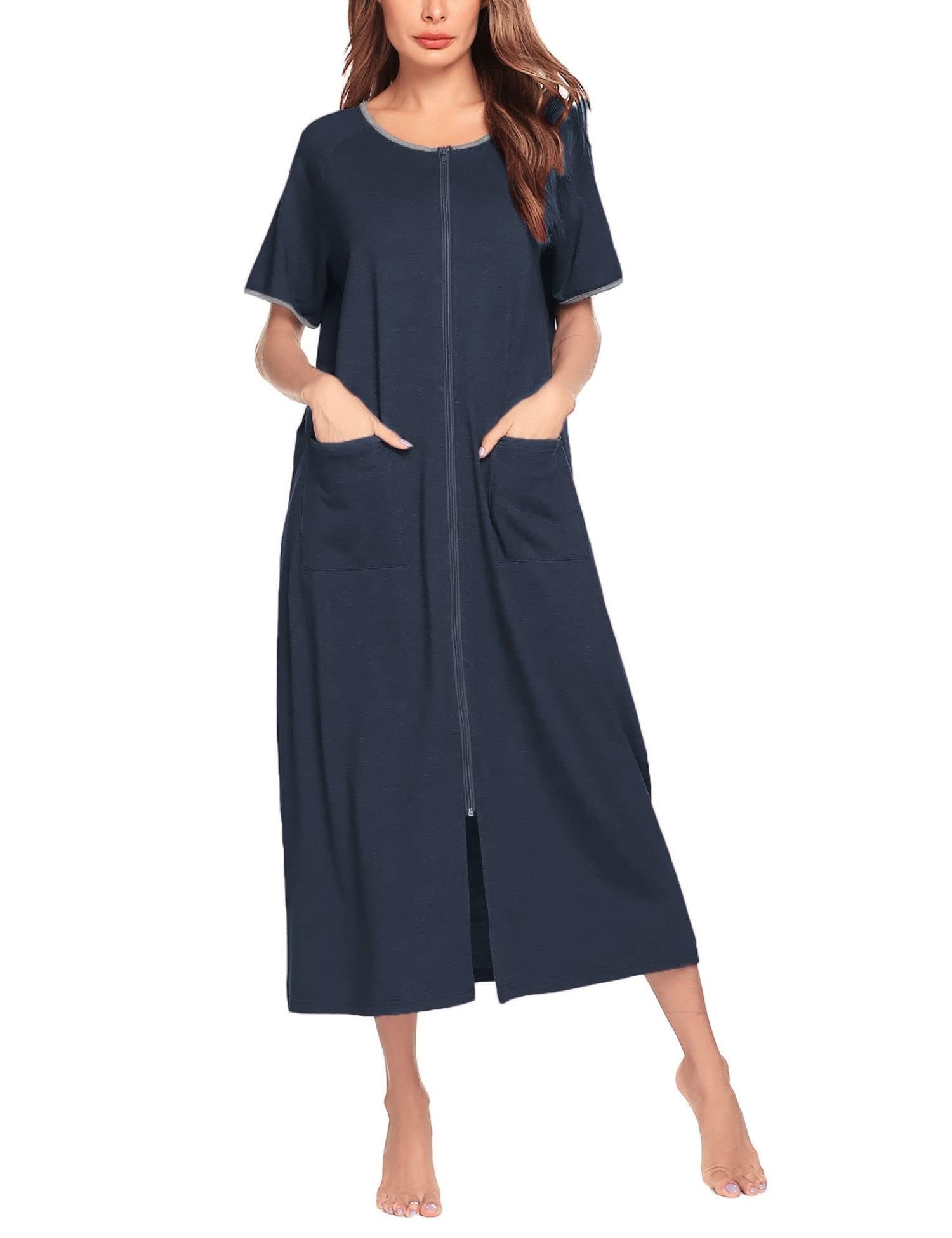 Ekouaer Women Robes Zipper Front Short Sleeve Full Length Housecoat with Pockets Loungewear Navy Blue,2XL