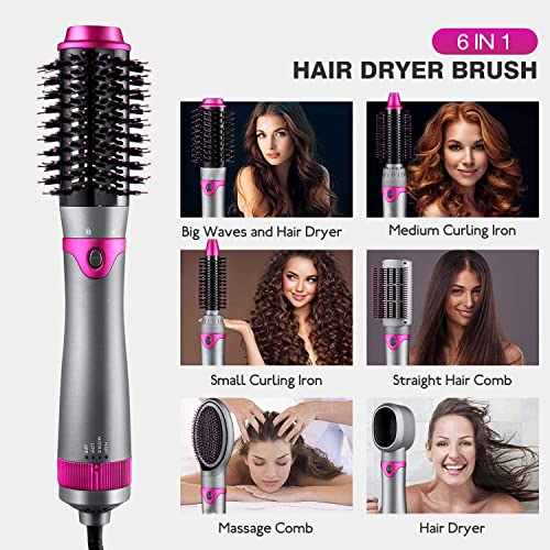 6 in 1 Hair Dryer Brush and Volumizer, Detachable Hair Dryer Styler, One-Step Hot Air Brush for Straightening Curling Drying Combing Styling