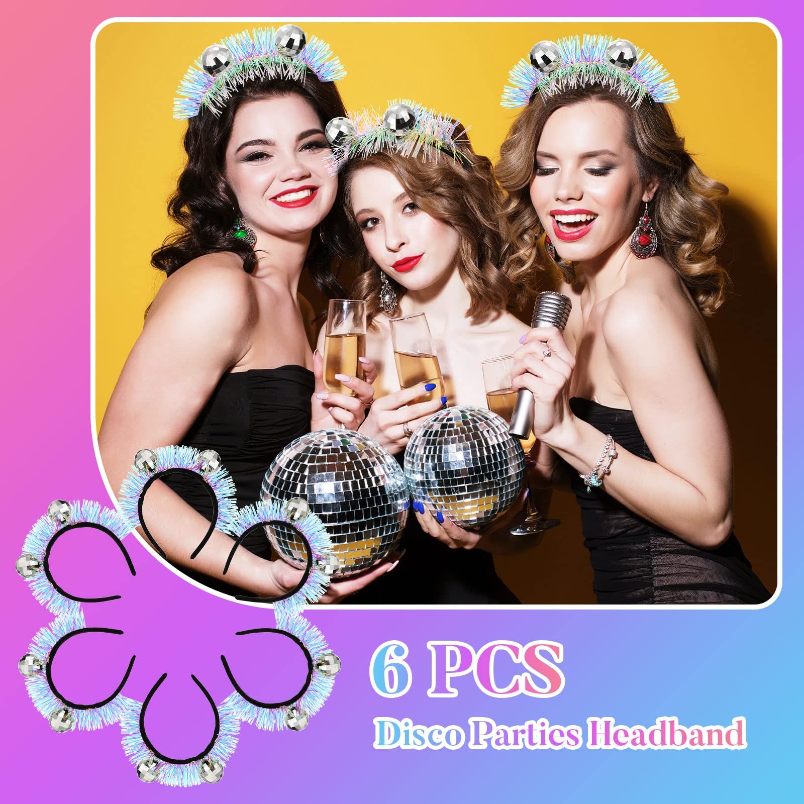 SATINIOR 6 Pcs Disco Ball Headband with Tinsel Disco Party Decorations Disco Ball Hat Disco Ball Decor Ball Boppers Costume Headpiece Disco Accessories for Kids Adults Christmas 1970s Party