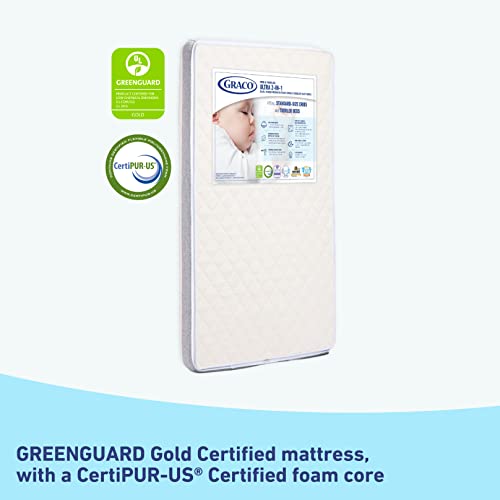 Graco Ultra 2-in-1 Premium Dual-Sided Crib & Toddler Mattress โ GREENGUARD Gold Certified, CertiPUR-US Certified Foam Core, Ultra-Soft 100% Machine-Washable Zip-Off Mattress Cover, 2-Sided Mattress