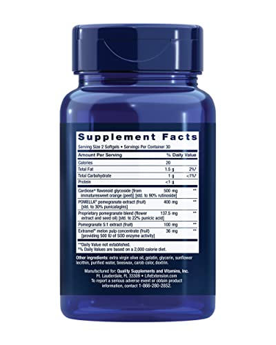 Life Extension Endothelial Defense Pomegranate Plus โ Pomegranate Seed, Flower And Fruit Extract Formula Supplement for Heart and Endothelial Health โ Gluten-Free, Non-GMO โ 60 Softgels