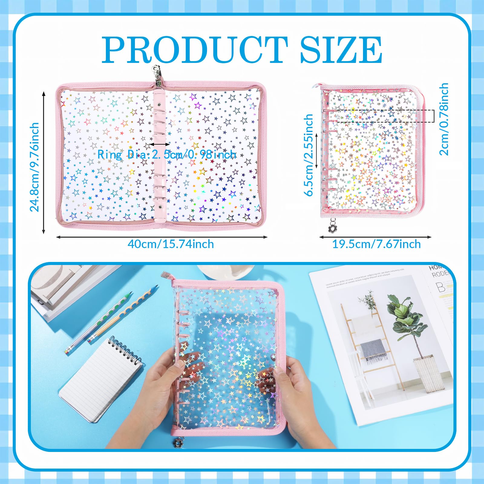 NEWEST A5 Budget Binder Cover with Zipper for Cash Budget System, Glitter Stars A5 6 Ring Binder Planner, Clear PVC Refillable Notebook Shell for Journal Albums Diary School Office Supplies, Purple
