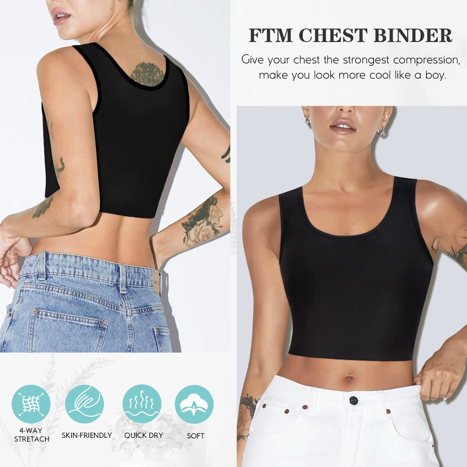 LODAY Women Transgender Tomboy FTM Elastic Chest Binder Bra Pullover Tank Top (3X-Large, Black)