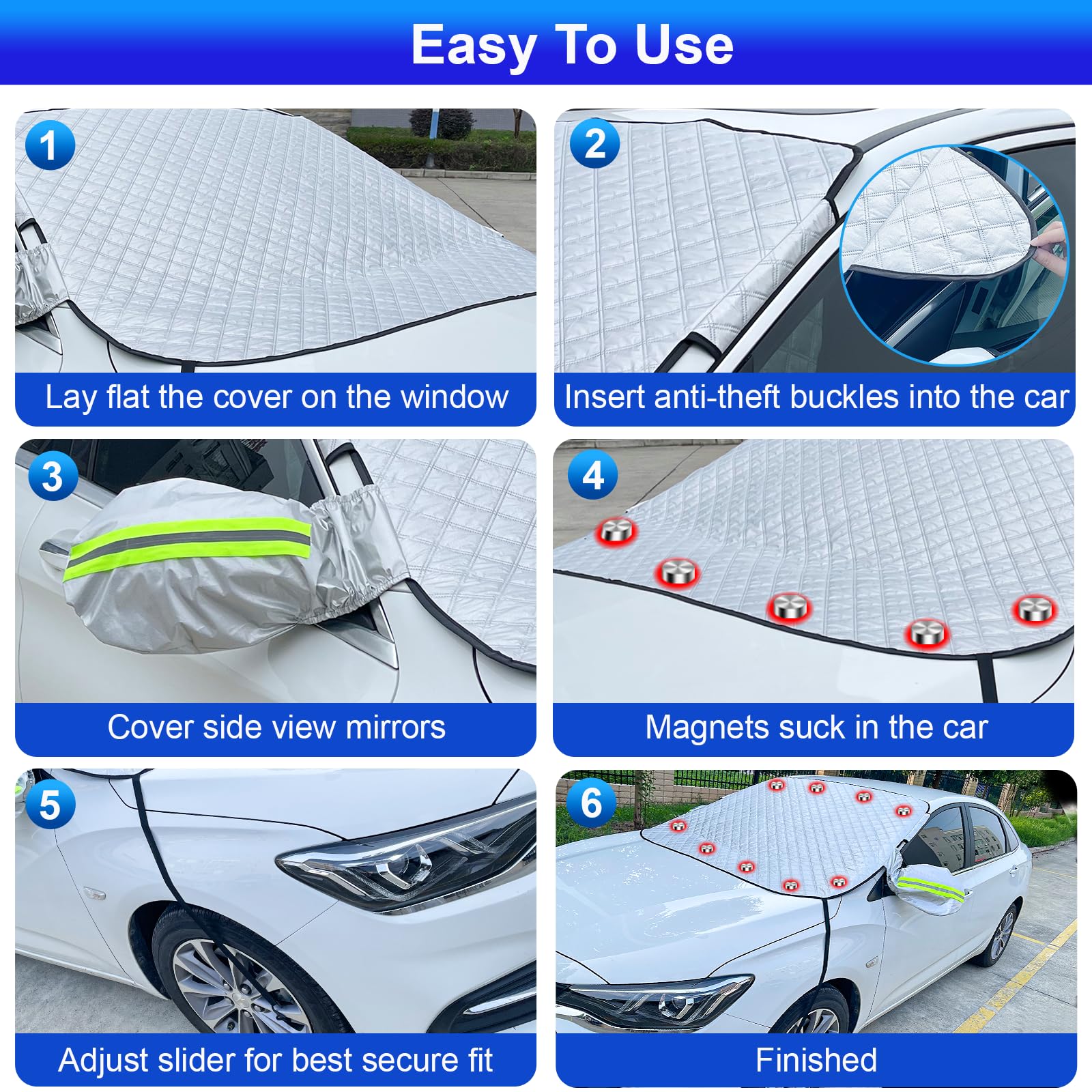 Car Windshield Snow Cover for Ice and Snow,Winter Car Snow Cover with Magnetic Edges and Windproof Webbing Straps,Windscreen Frost Protector Covers,for Most Car SUV RV Vans and Trucks (65'' X 49.6'')
