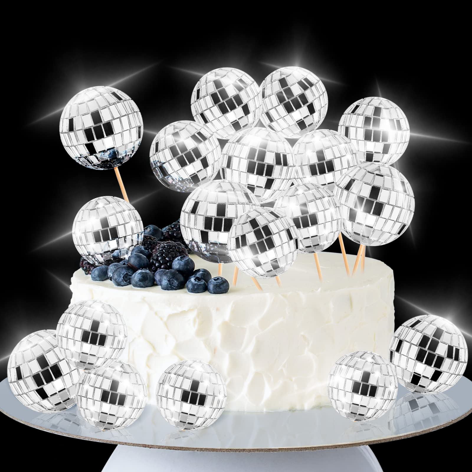 Disco Ball Cake Toppers, 20pcs 1970s Disco Ball Cake Decorations Cupcake Toppers Cake Picks for Birthday Disco Theme 70s Party Supplies(Silver)