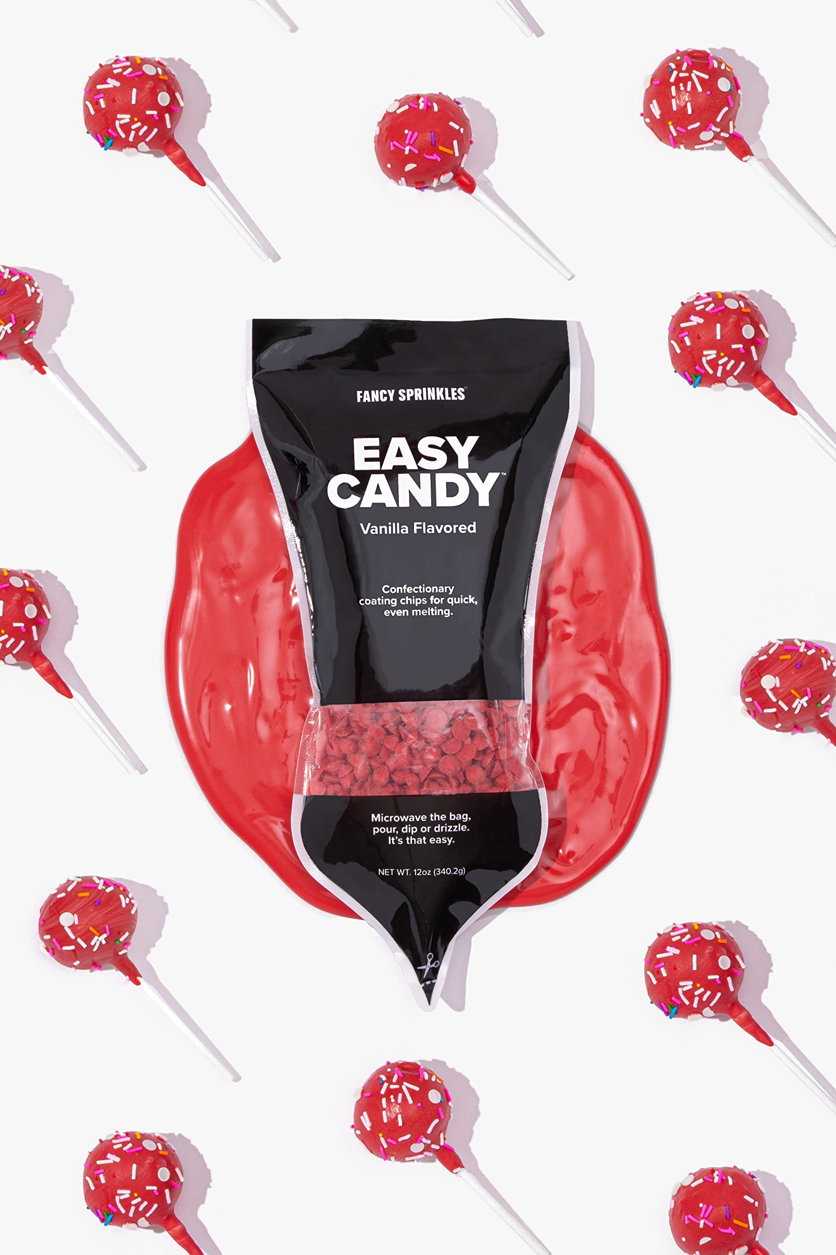 Fancy Sprinkles Begonia Red Easy Candy Melts for Baking, Melting Chocolate in Ready-to-Use Bag, for Dipping, Coating, and Drizzling 12 oz