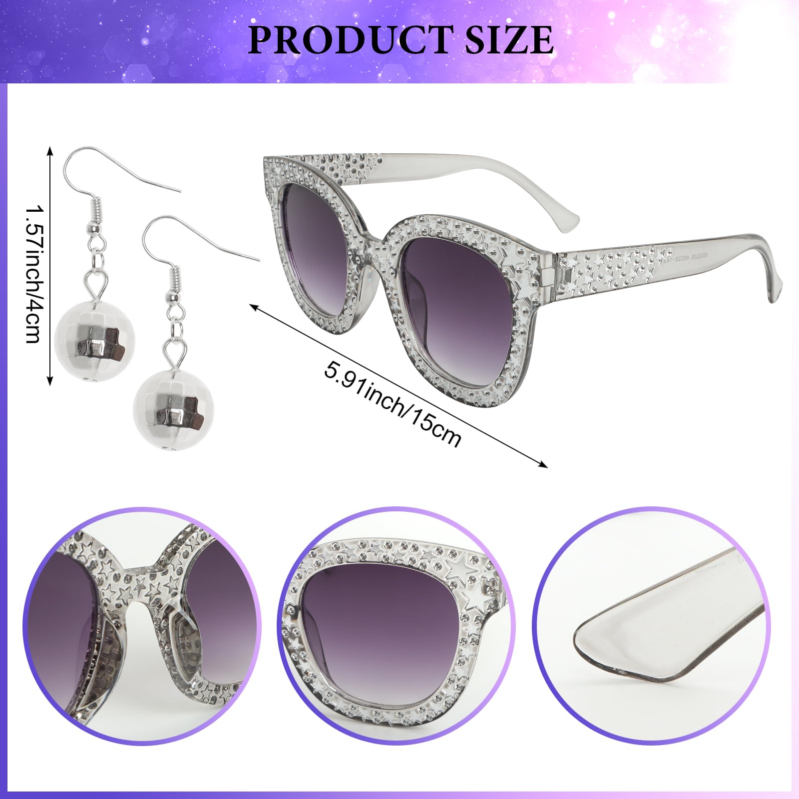 Heliltd 6pcs 1970s Disco Ball Accessories Women Set for Women 70s Disco Ball Necklace Earrings 70s Disco Ball Bracelet Sunglasses Silver