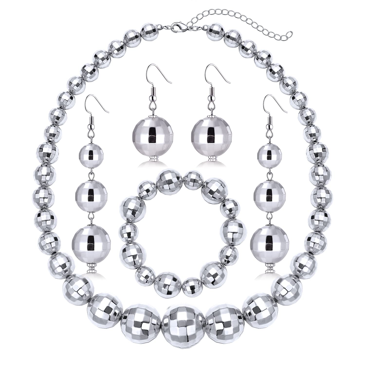 Disco Ball Earrings, Necklace & Bracelet Set - Gold & Silver Hook Dangle Earrings, Stretch Bracelet, Statement Necklace - Party Favor Gift (Silver Disco Ball Jewelry Set)