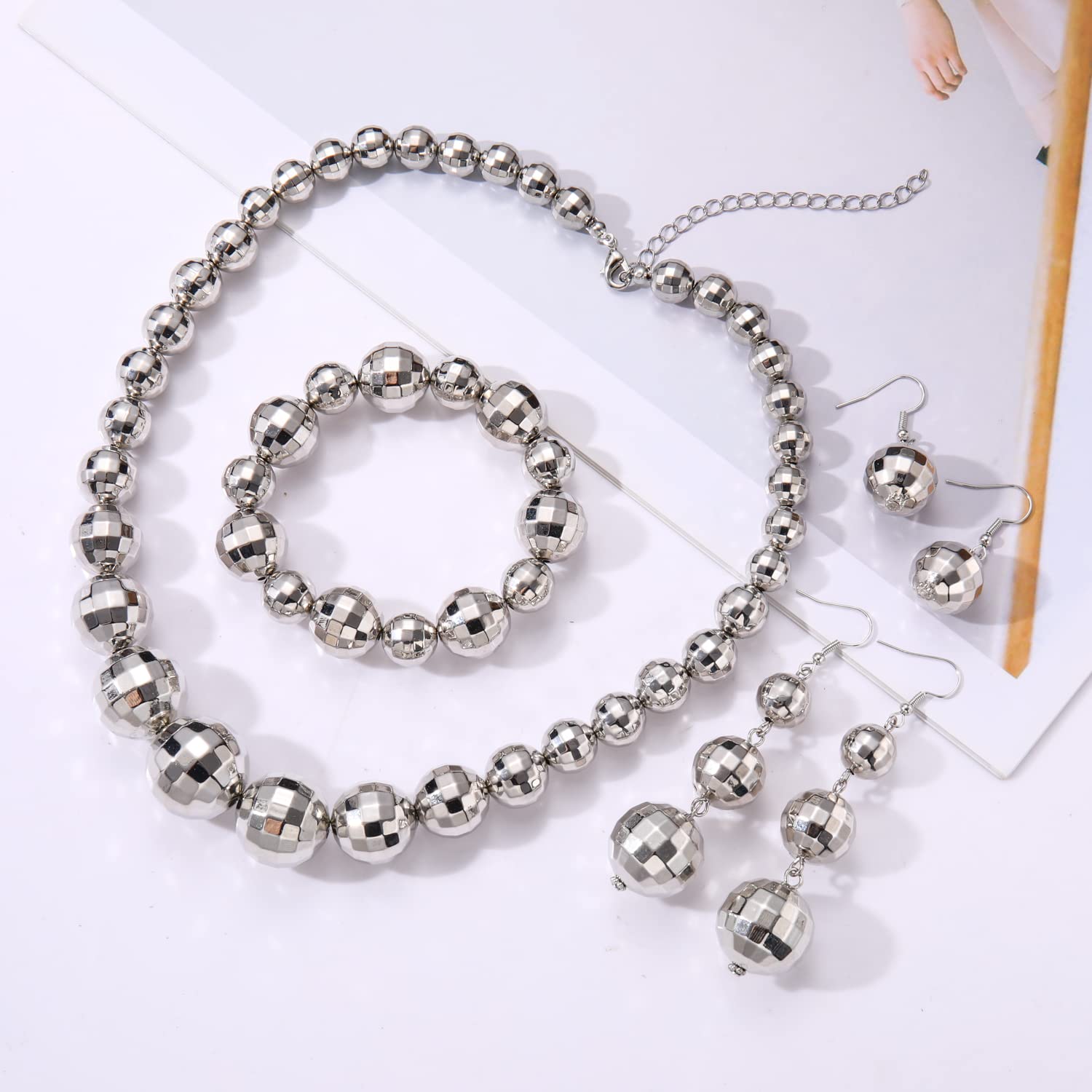 Disco Ball Earrings, Necklace & Bracelet Set - Gold & Silver Hook Dangle Earrings, Stretch Bracelet, Statement Necklace - Party Favor Gift (Silver Disco Ball Jewelry Set)