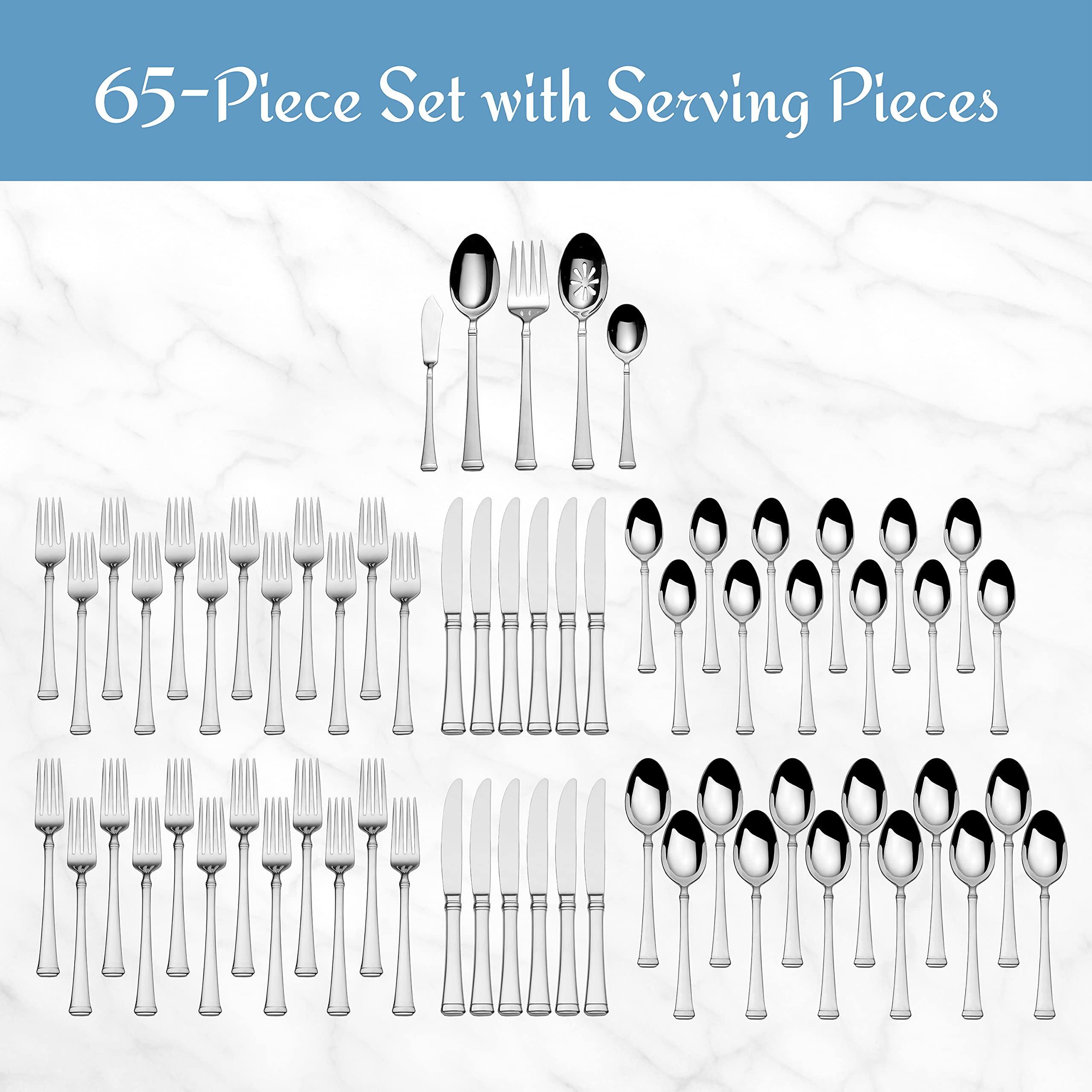 Mikasa Harmony 65 Piece Silverware Set, 18.10 Polished Mirror Stainless Steel, Service for 12 with Set
