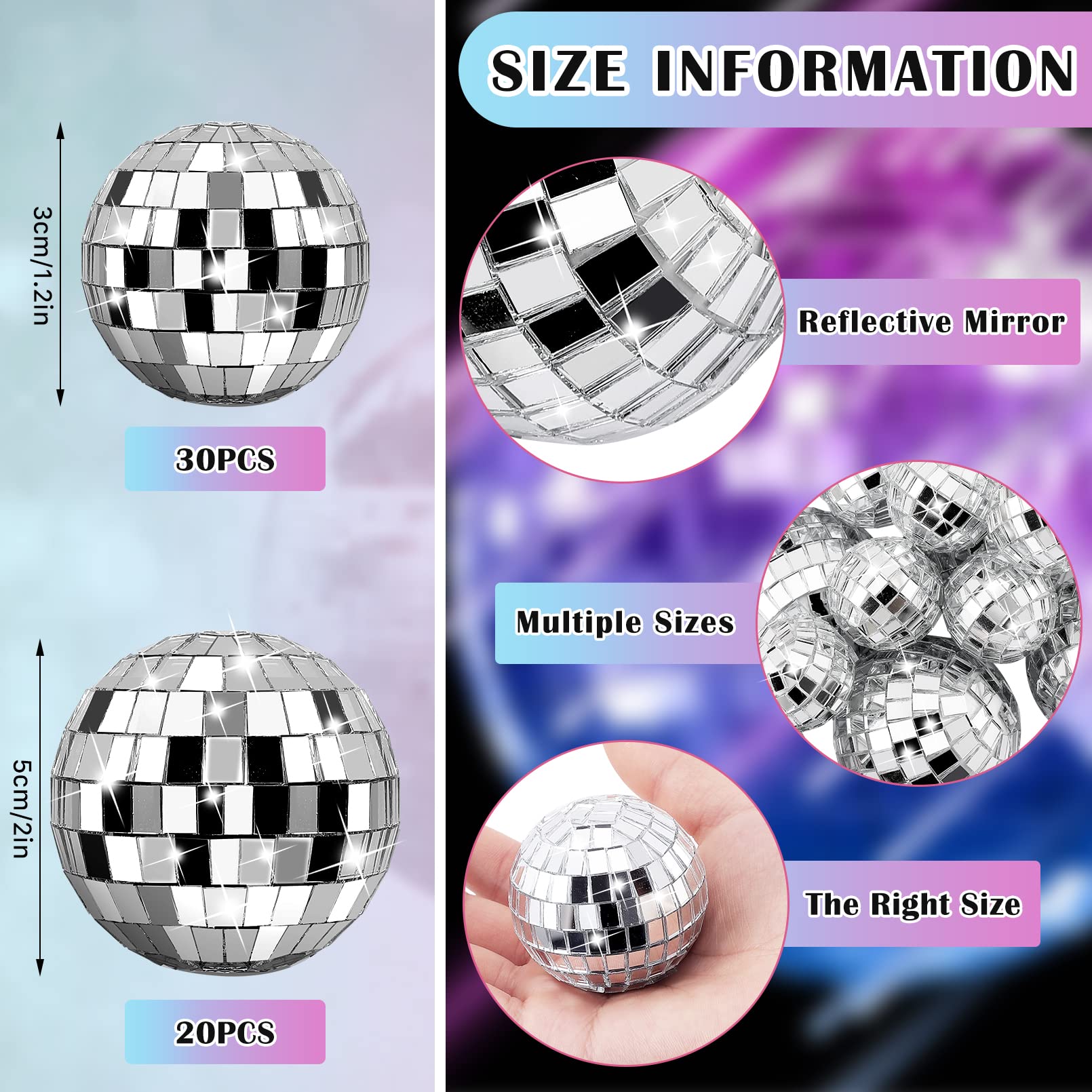 Calluace 50 Pcs Mirror Disco Balls Ornaments,Reflective Mini Disco Ball Decorations,Silver Mini Disco Balls,Disco Ball Ornament for Festive Holiday Party Decor (1.2 Inch, 2 Inch)
