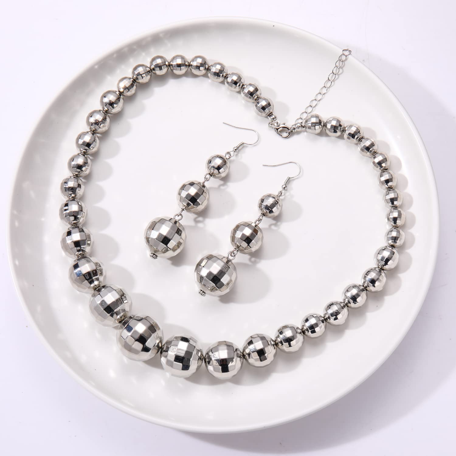 Disco Ball Earrings, Necklace & Bracelet Set - Gold & Silver Hook Dangle Earrings, Stretch Bracelet, Statement Necklace - Party Favor Gift (Silver Disco Ball Jewelry Set)