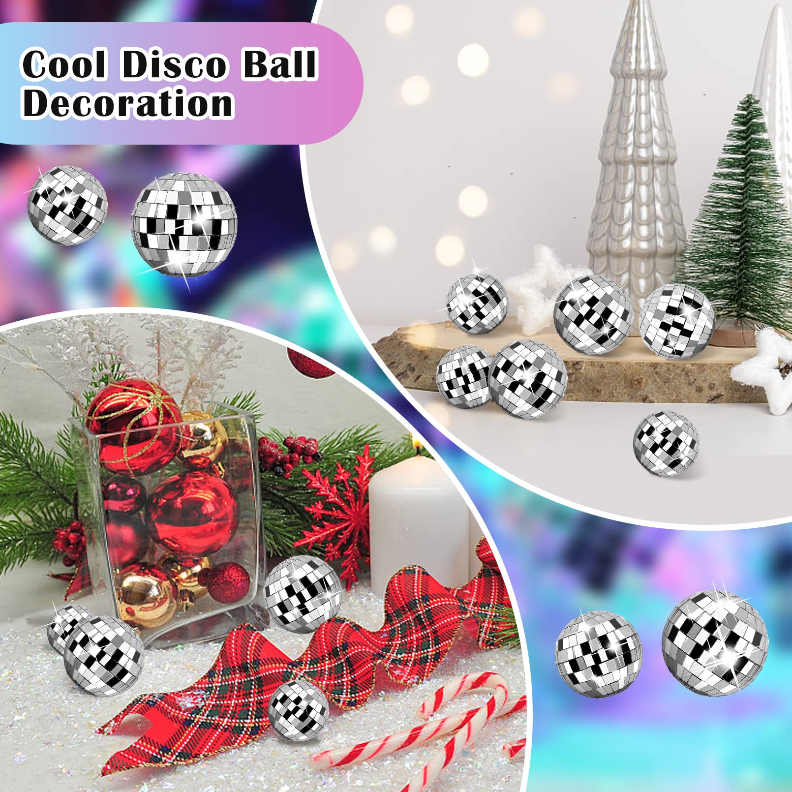 Calluace 50 Pcs Mirror Disco Balls Ornaments,Reflective Mini Disco Ball Decorations,Silver Mini Disco Balls,Disco Ball Ornament for Festive Holiday Party Decor (1.2 Inch, 2 Inch)