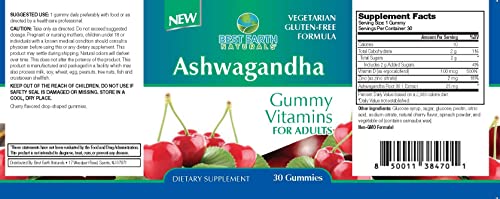 Best Earth Naturals Ashwagandha Gummies - Delicious Cherry Flavored, Vegan, Gluten Free Ashwagandha Gummy Vitamins 30 Count