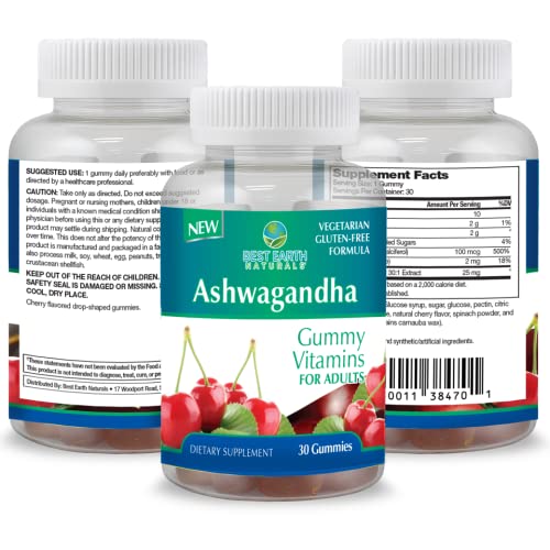 Best Earth Naturals Ashwagandha Gummies - Delicious Cherry Flavored, Vegan, Gluten Free Ashwagandha Gummy Vitamins 30 Count