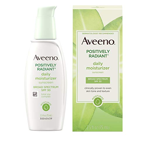 Aveeno Positively Radiant Daily Facial Moisturizer with Total Soy Complex and Broad Spectrum SPF 30 Sunscreen, Oil-Free and Non-Comedogenic, 2.5 fl. oz