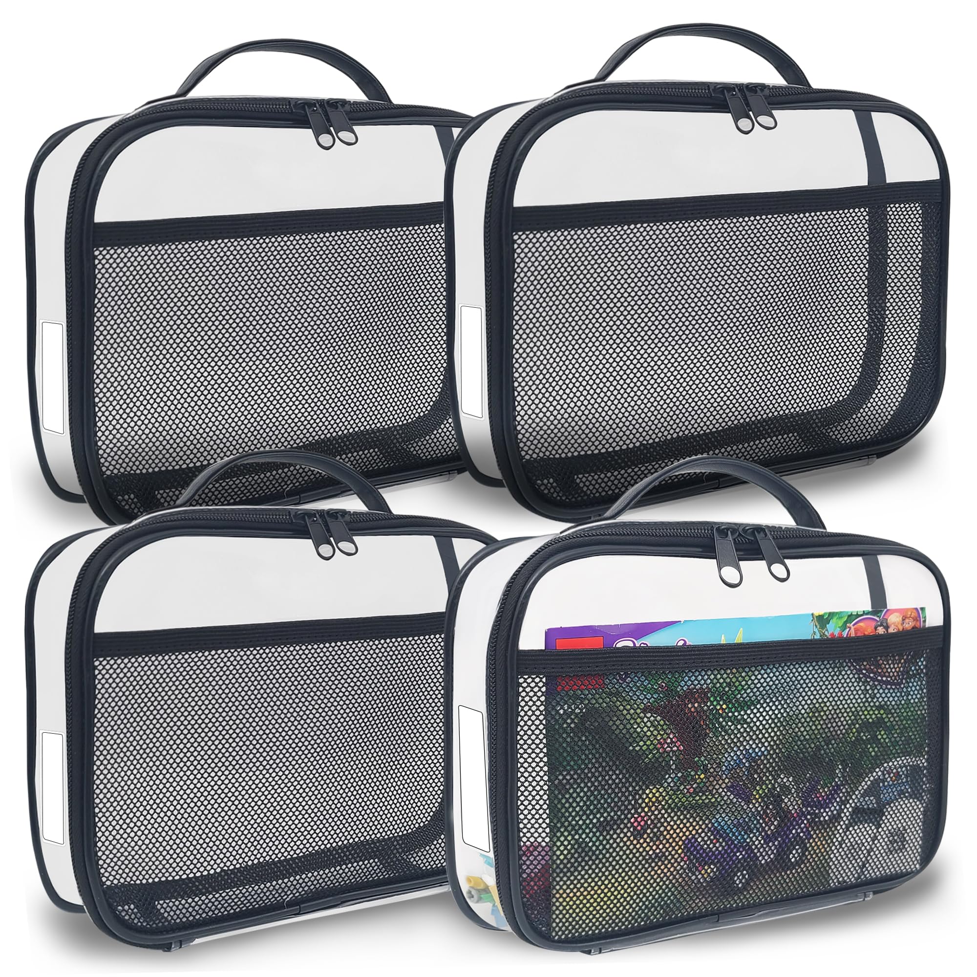 holay 4 Packs PVC Zippered Blocks Set, Toy, Clay, Board game Storage Organizer Case (Name Tag, Manual Pocket) (Black, Small)