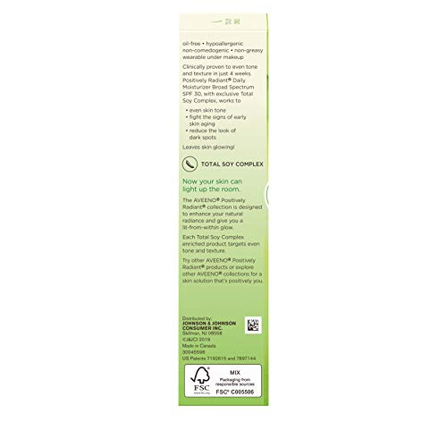 Aveeno Positively Radiant Sheer Daily Moisturizing Lotion for Dry Skin with Total Soy Complex and SPF 30 Sunscreen, Oil-Free and Non-Comedogenic, 2.5 fl. oz