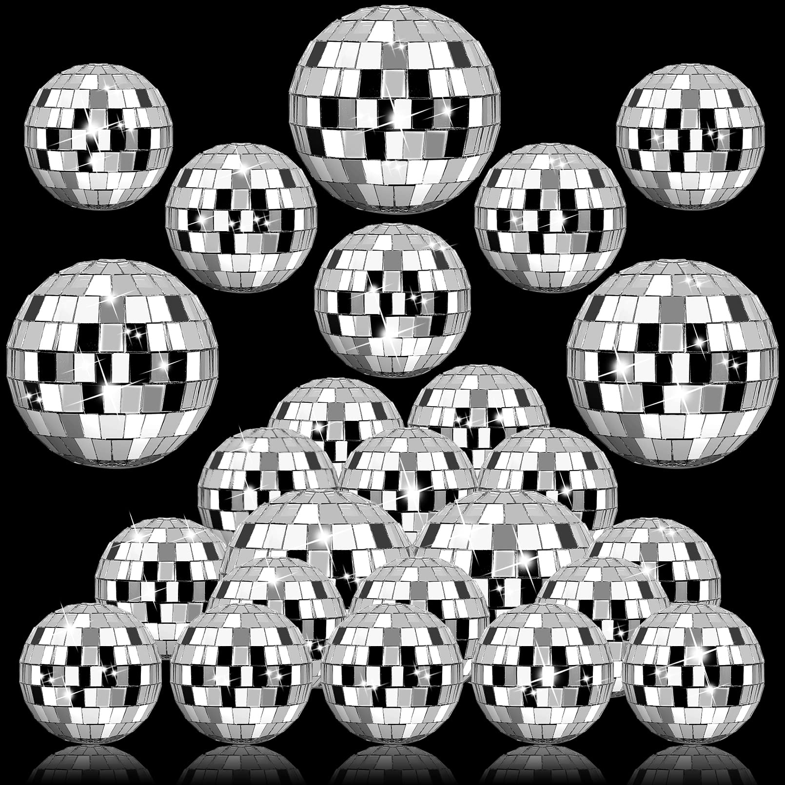 Calluace 50 Pcs Mirror Disco Balls Ornaments,Reflective Mini Disco Ball Decorations,Silver Mini Disco Balls,Disco Ball Ornament for Festive Holiday Party Decor (1.2 Inch, 2 Inch)