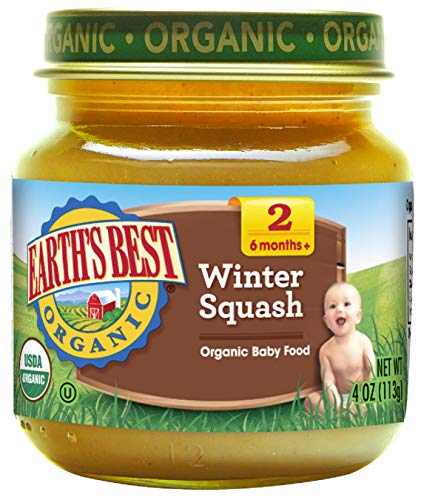 Earth's Best Organic Baby Food Jars, Stage 2 Vegetable Puree for Babies 6 Months and Older, Organic Winter Squash, 4 oz Resealable Glass Jar (Pack of 12)