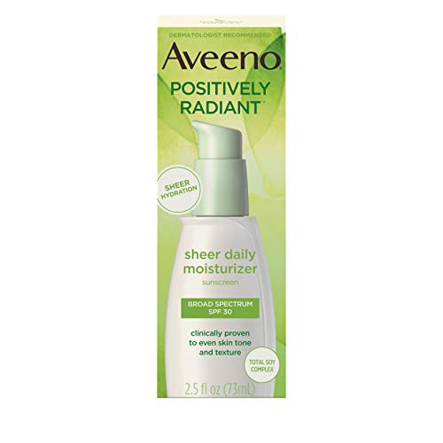 Aveeno Positively Radiant Sheer Daily Moisturizing Lotion for Dry Skin with Total Soy Complex and SPF 30 Sunscreen, Oil-Free and Non-Comedogenic, 2.5 fl. oz
