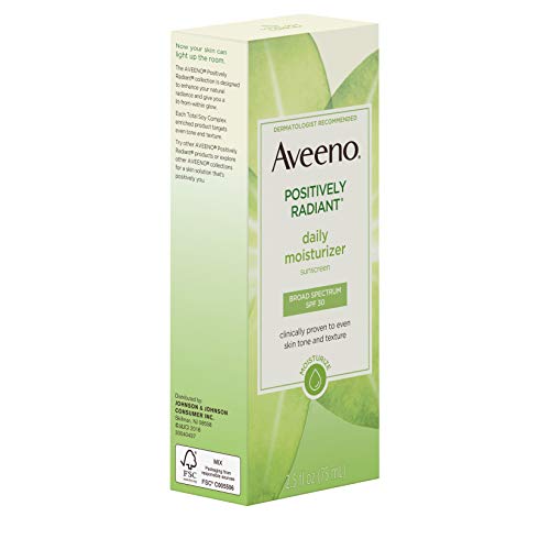 Aveeno Positively Radiant Daily Facial Moisturizer with Total Soy Complex and Broad Spectrum SPF 30 Sunscreen, Oil-Free and Non-Comedogenic, 2.5 fl. oz
