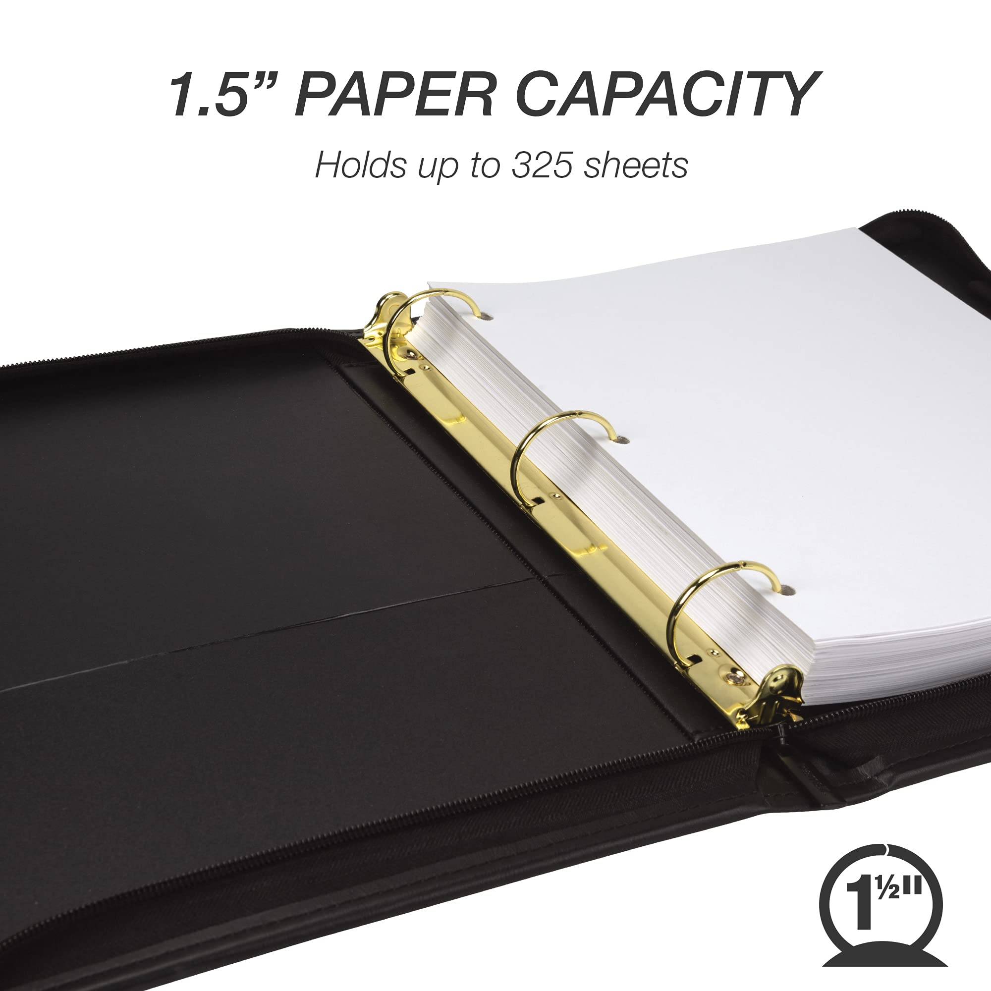 Samsill Classic Professional Binder, 3 Ring Binder with 1.5 Inch Brass Round Rings and Zipper Closure, Portfolio Binder, Brass Corner Accents, Black
