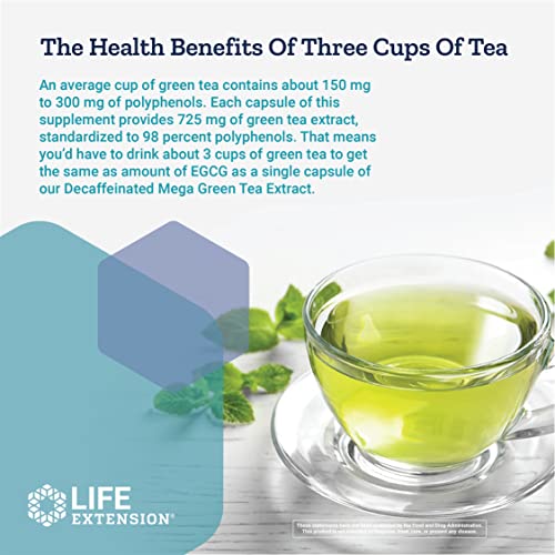 Life Extension Mega Green Tea Extract (98% Polyphenols) Decaffeinated, More Polyphenol Egcg Than The Equivalent Of Several Cups Of Green Tea - Vegetarian- Non-GMO, 100 Vegetarian Capsules