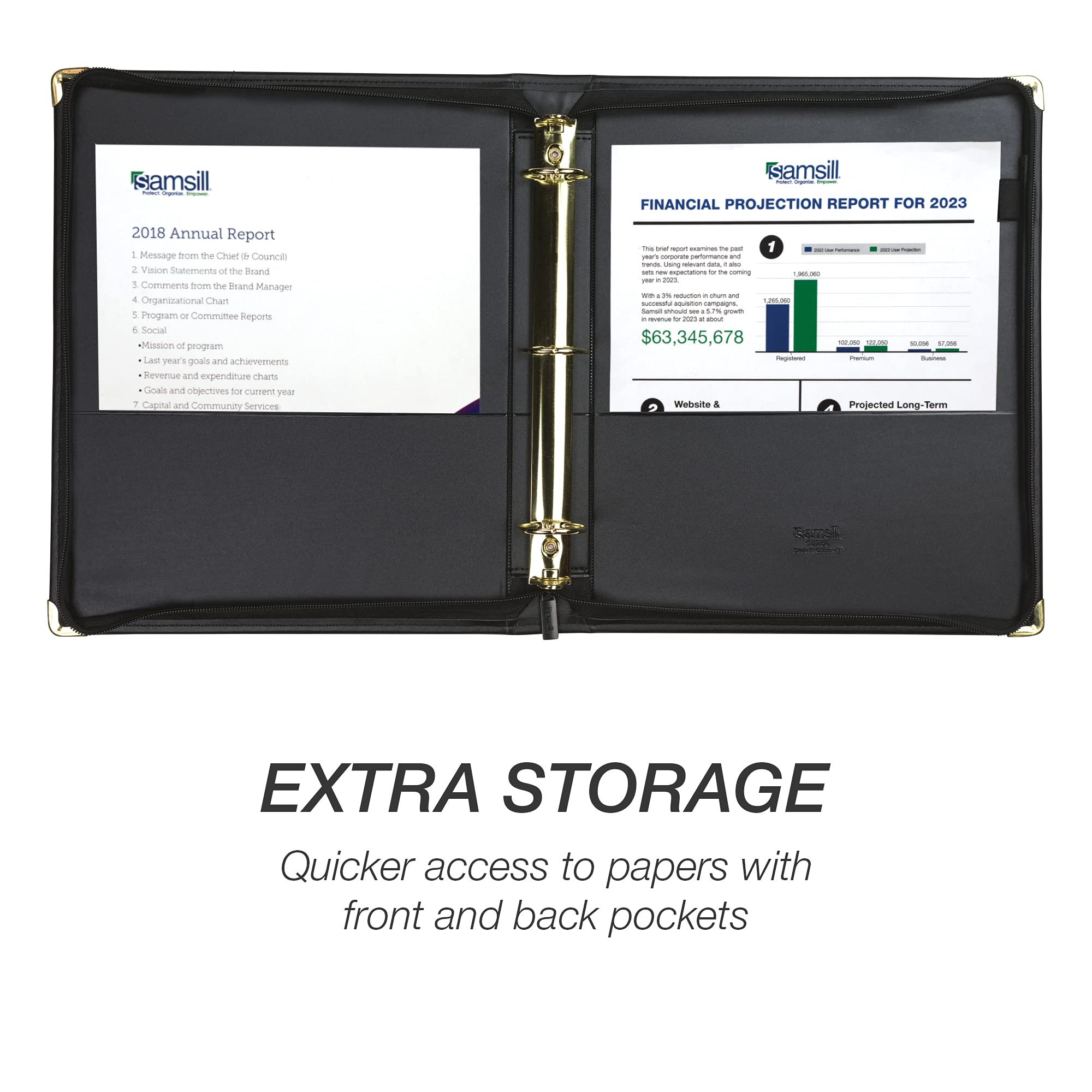 Samsill Classic Professional Binder, 3 Ring Binder with 1.5 Inch Brass Round Rings and Zipper Closure, Portfolio Binder, Brass Corner Accents, Black