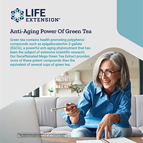 Life Extension Mega Green Tea Extract (98% Polyphenols) Decaffeinated, More Polyphenol Egcg Than The Equivalent Of Several Cups Of Green Tea - Vegetarian- Non-GMO, 100 Vegetarian Capsules