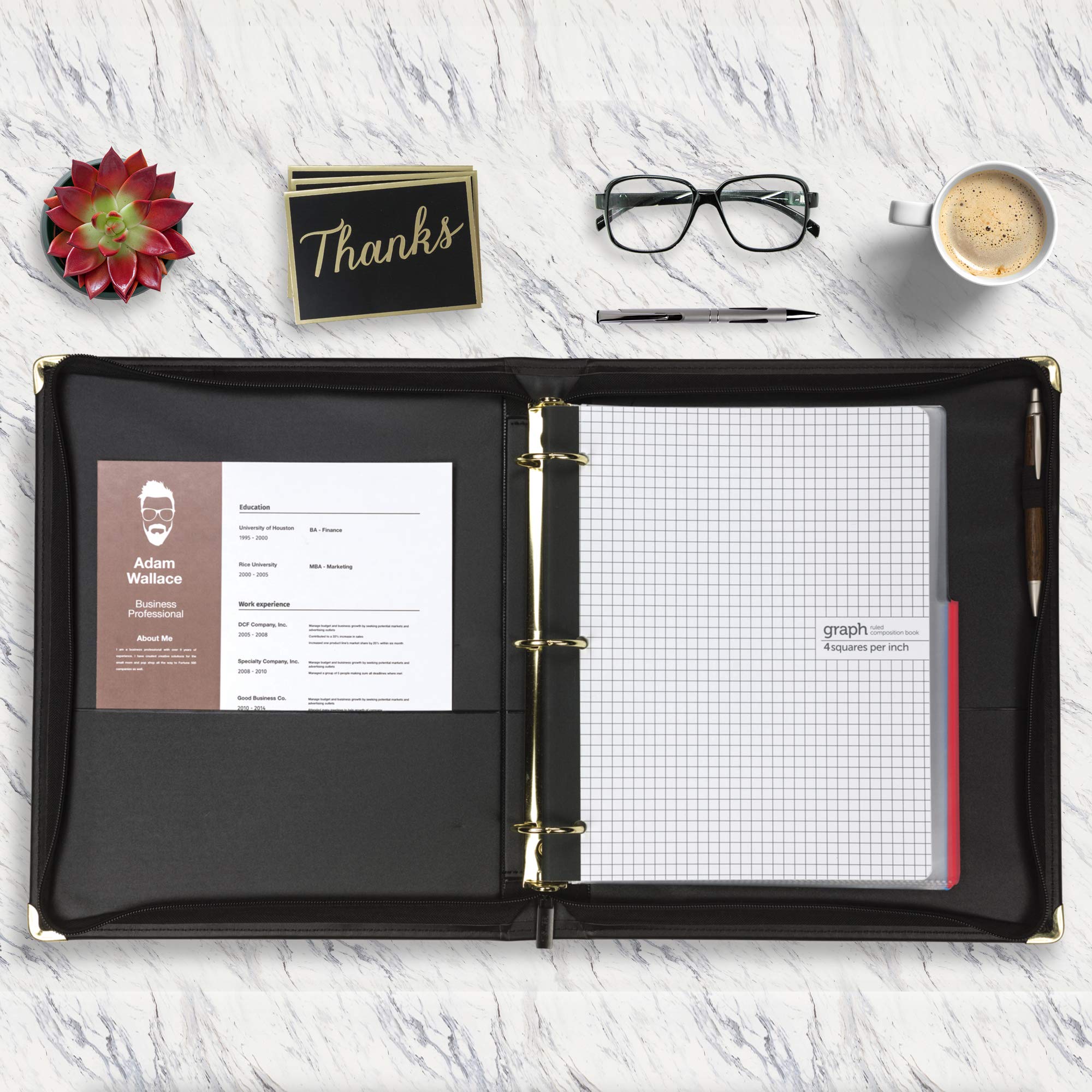 Samsill Classic Professional Binder, 3 Ring Binder with 1.5 Inch Brass Round Rings and Zipper Closure, Portfolio Binder, Brass Corner Accents, Black