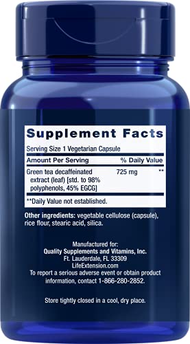 Life Extension Mega Green Tea Extract (98% Polyphenols) Decaffeinated, More Polyphenol Egcg Than The Equivalent Of Several Cups Of Green Tea - Vegetarian- Non-GMO, 100 Vegetarian Capsules