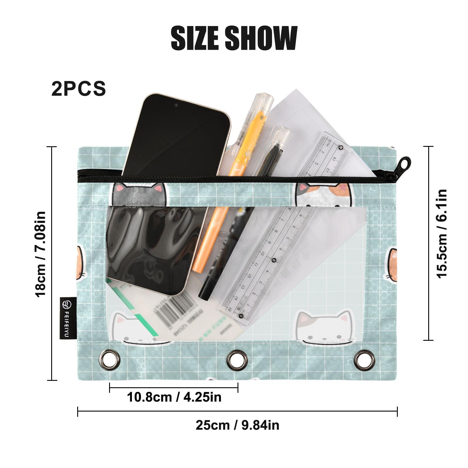 MAOBLYR Cute Cat Kitty Standard 3-Ring Zipper Clear Binder Pocket,Large Capacity Office 7 x 9In (2 PCS)