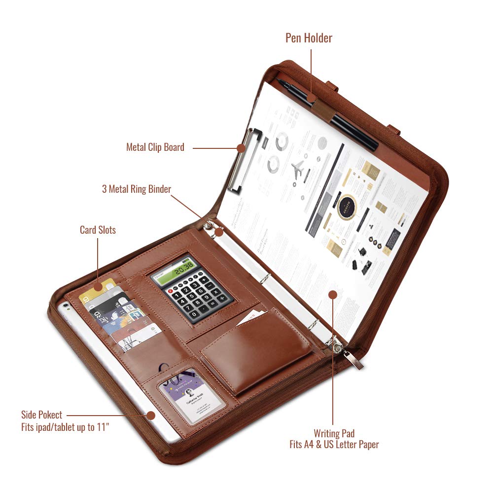 AtailorBird Padfolio,Magnetic Handle PU Leather Zippered Portfolio with 3 Ring Binder Document Organizer for Business Interview Office,Brown
