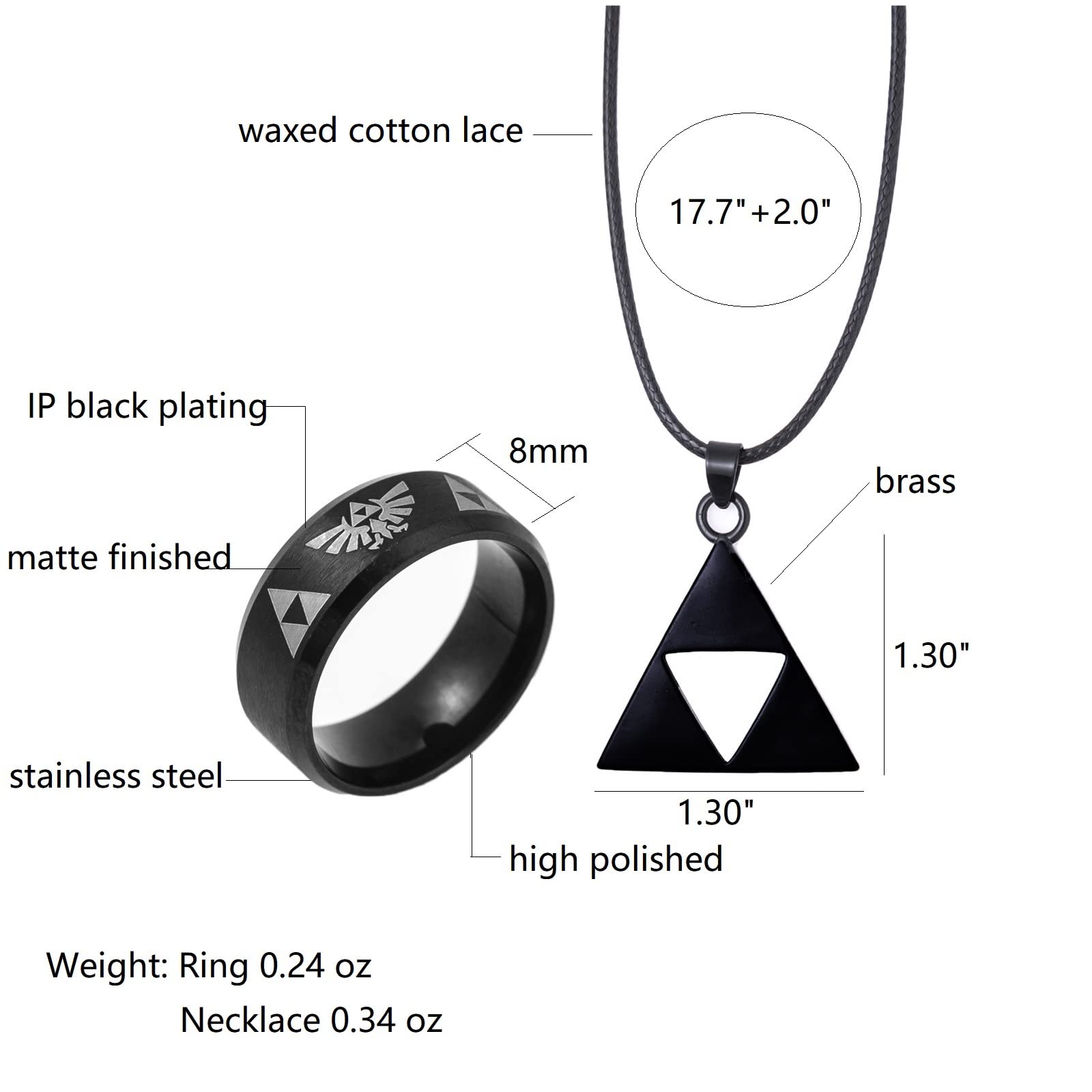Winssigma Stainless Steel Ring for Men, Triangle Pendant Necklace Cosplay Jewelry Set for Gaming Enthusiast(Black #11)