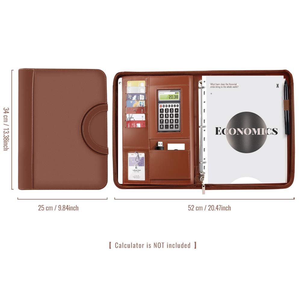 AtailorBird Padfolio,Magnetic Handle PU Leather Zippered Portfolio with 3 Ring Binder Document Organizer for Business Interview Office,Brown