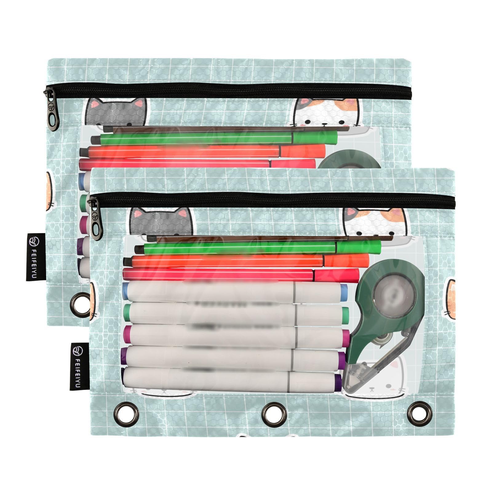 MAOBLYR Cute Cat Kitty Standard 3-Ring Zipper Clear Binder Pocket,Large Capacity Office 7 x 9In (2 PCS)