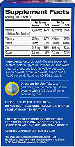 Bausch + Lomb PreserVision AREDS Eye Vitamin & Mineral Supplement, 120 Count Bottle (Soft Gels)